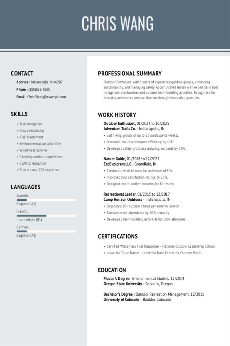 4 Outdoor Enthusiast Resume Examples, Templates, & Tips for 2025
