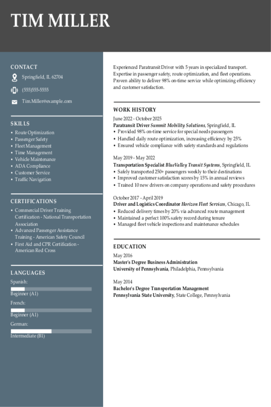 4 Paratransit Driver Resume Examples, Templates, & Tips for 2026