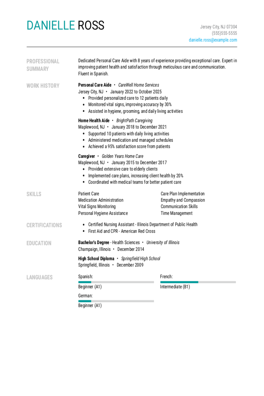 4 Personal Care Aide Resume Examples, Templates, & Tips for 2026
