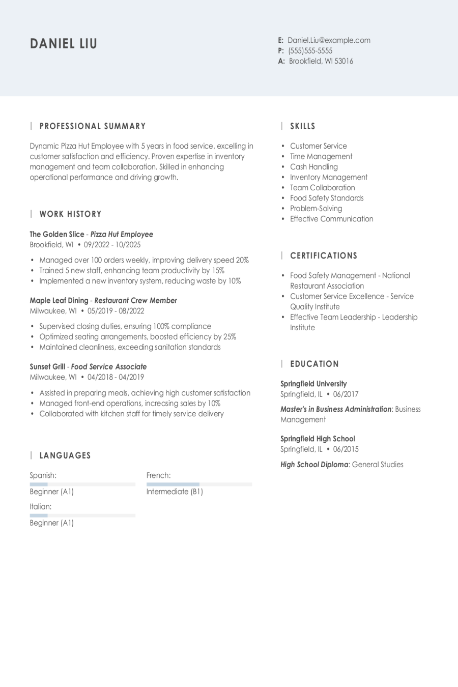 4 Pizza Hut Employee Resume Examples, Templates, & Tips for 2026
