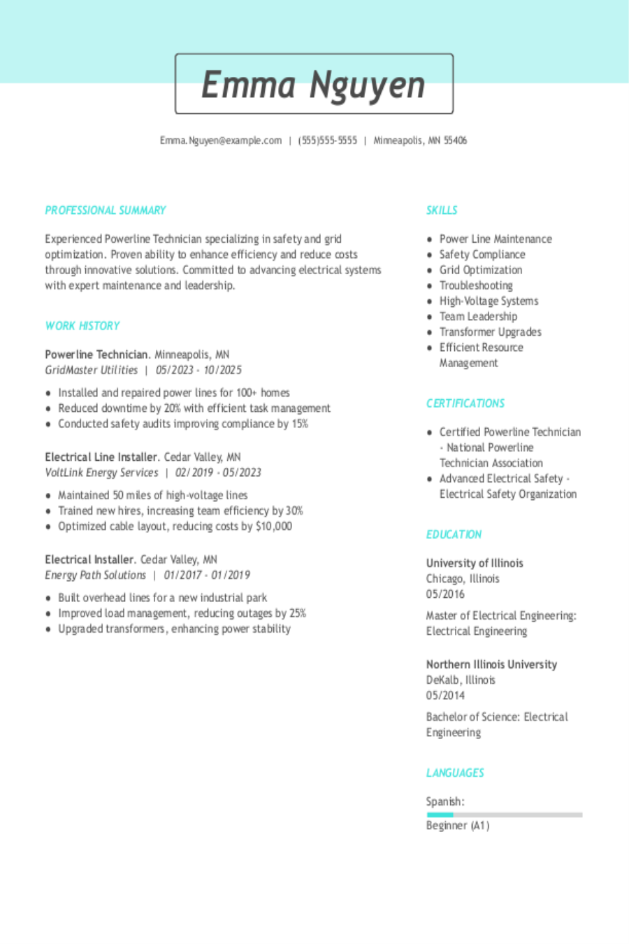 4 Powerline Technician Resume Examples, Templates, & Tips for 2025