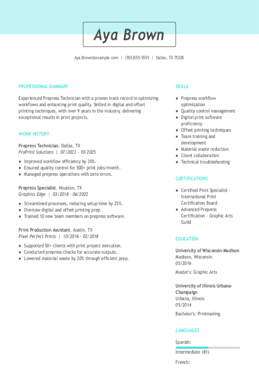 4 Prepress Technician Resume Examples, Templates, & Tips for 2025