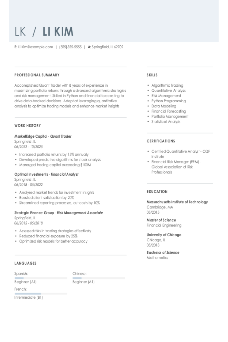 4 Quant Trader Resume Examples, Templates, & Tips for 2025