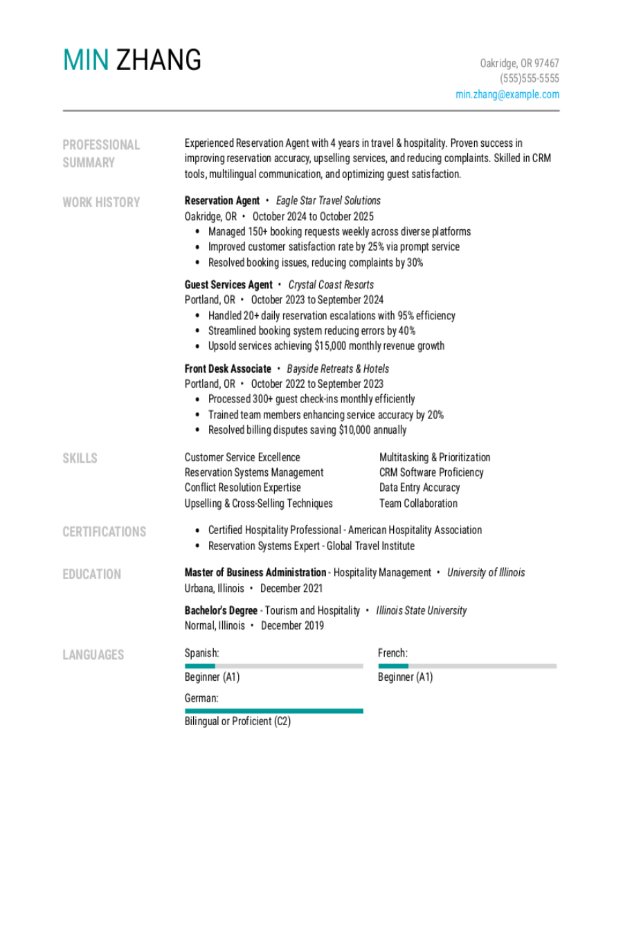 4 Reservation Agent Resume Examples, Templates, & Tips for 2026
