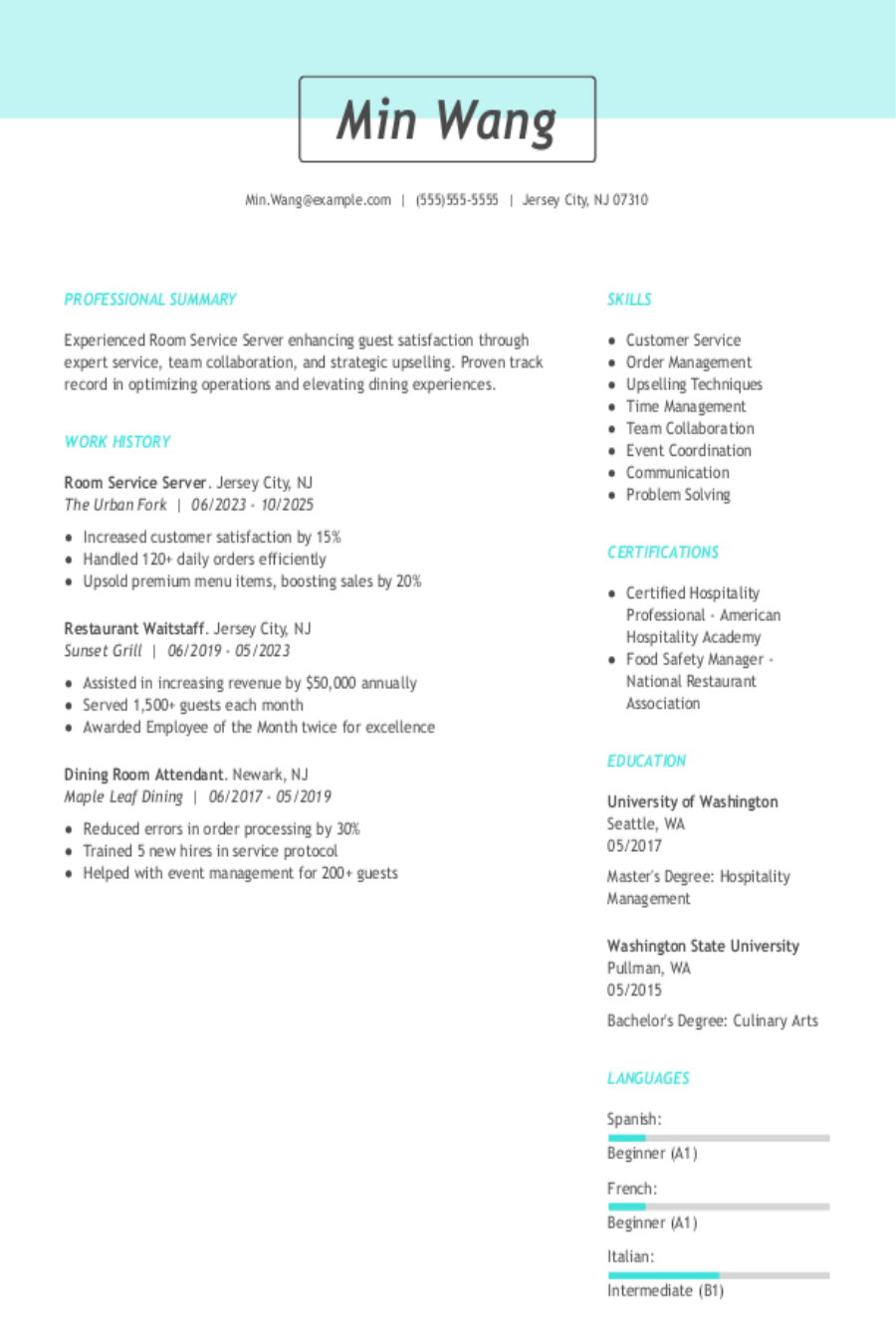 4 Room Service Server Resume Examples, Templates, & Tips for 2026
