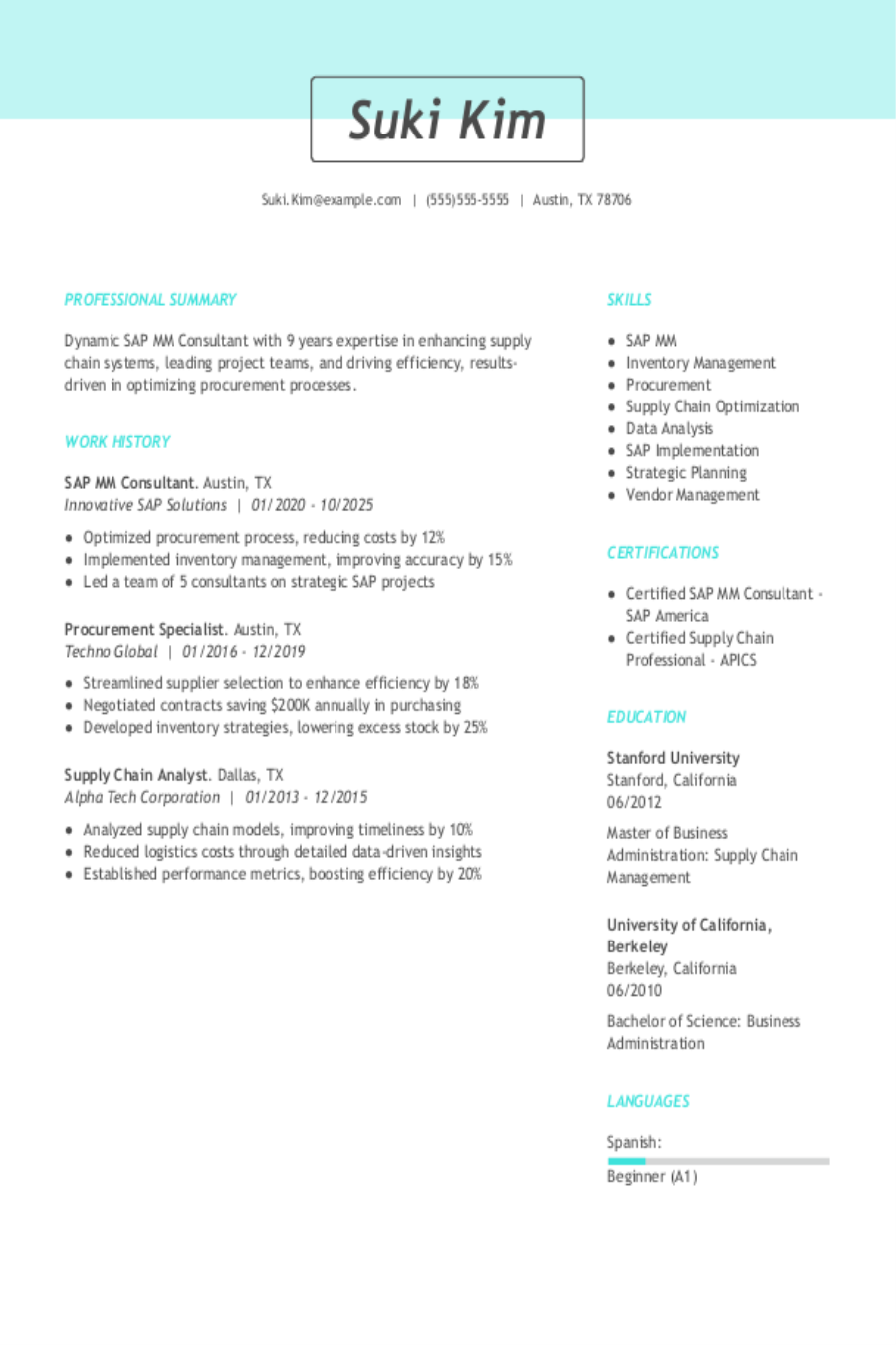4 SAP MM Consultant Resume Examples, Templates, & Tips for 2026