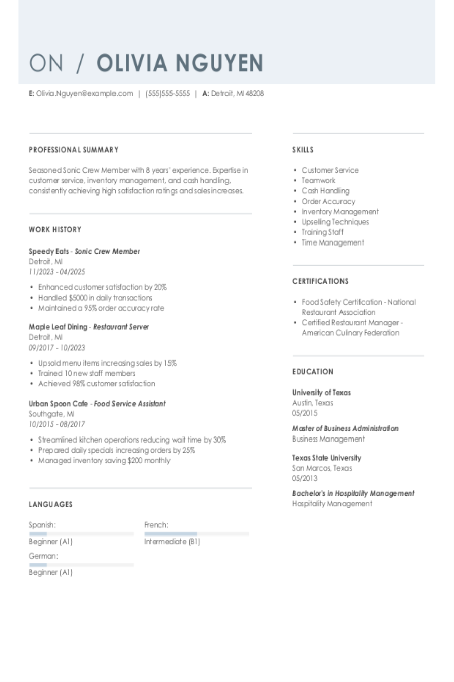 4 Sonic Crew Member Resume Examples, Templates, & Tips for 2025