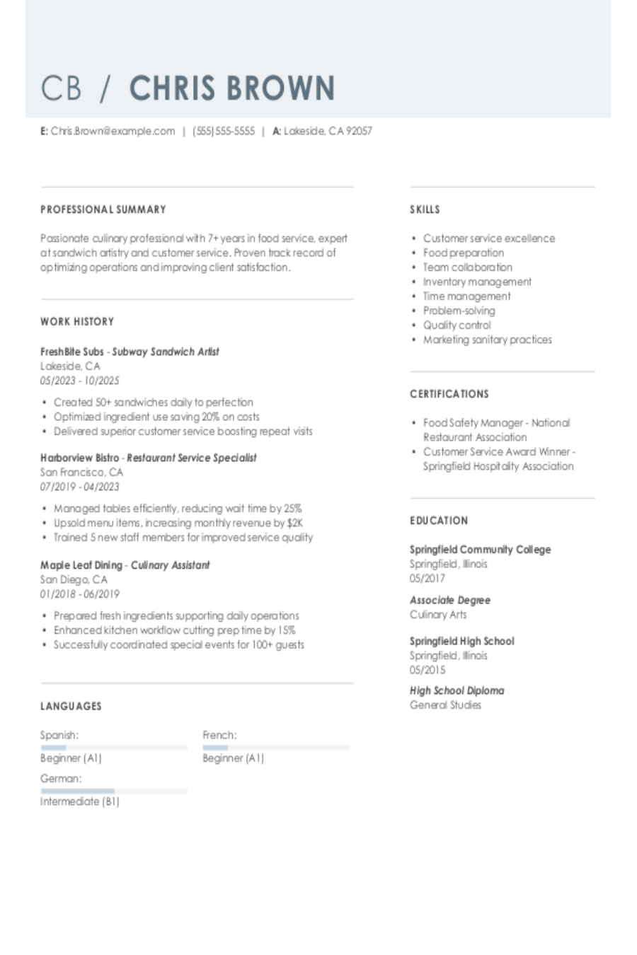 4 Subway Sandwich Artist Resume Examples, Templates, & Tips for 2026