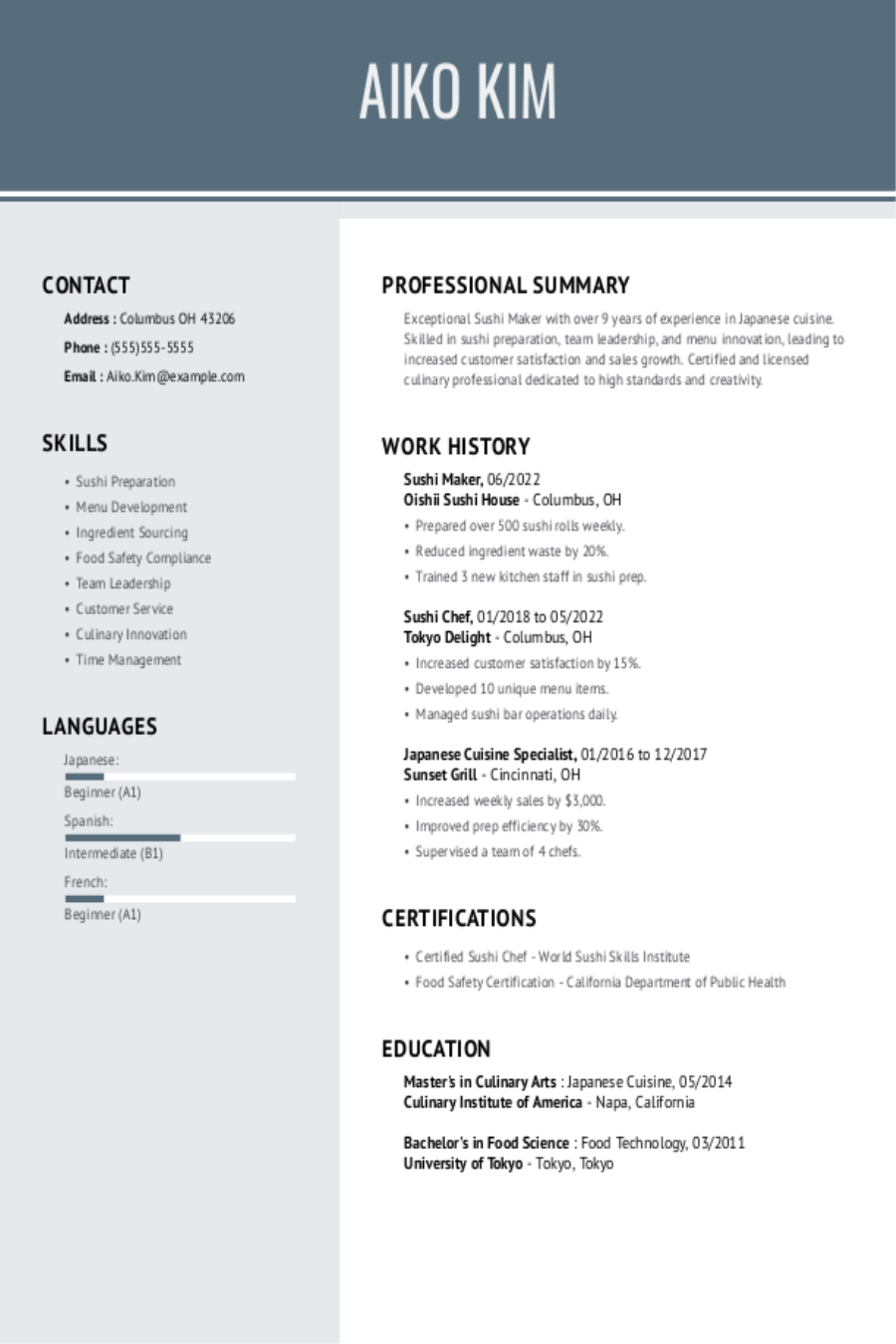 4 Sushi Maker Resume Examples, Templates, & Tips for 2025