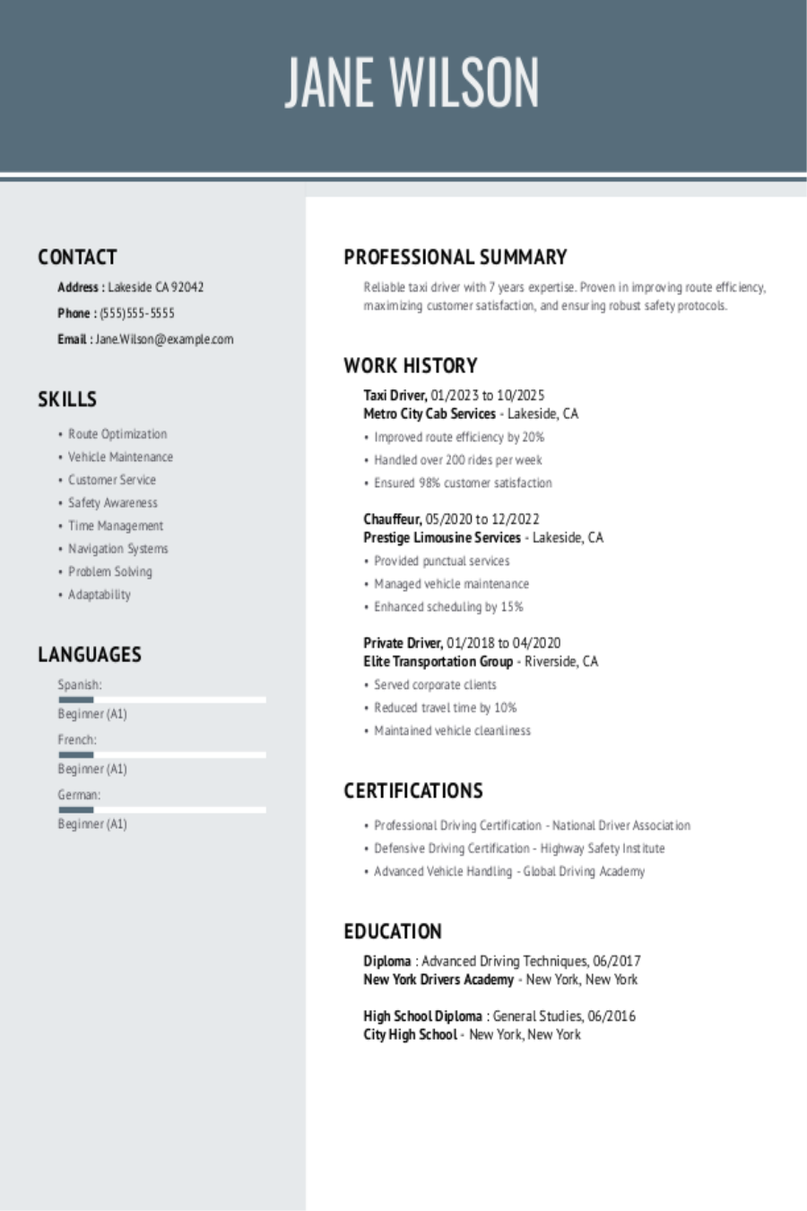 4 Taxi Driver Resume Examples, Templates, & Tips for 2025