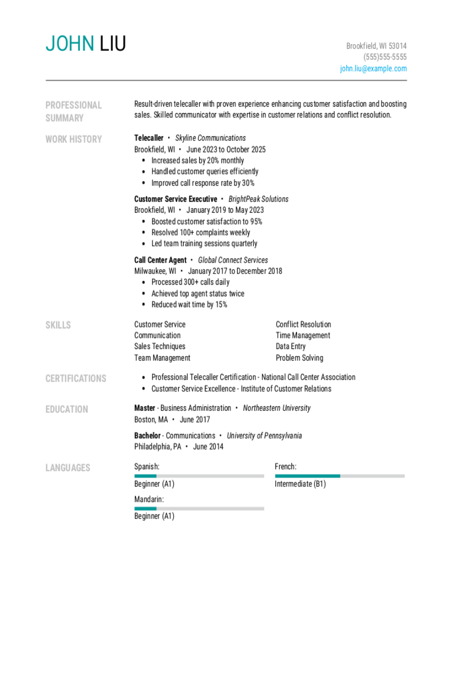 4 Telecaller Resume Examples, Templates, & Tips for 2025