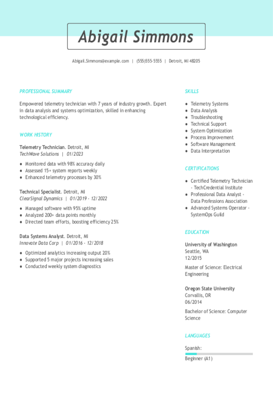 4 Telemetry Technician Resume Examples, Templates, & Tips for 2026
