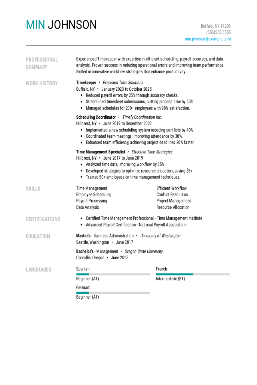 4 Timekeeper Resume Examples, Templates, & Tips for 2026