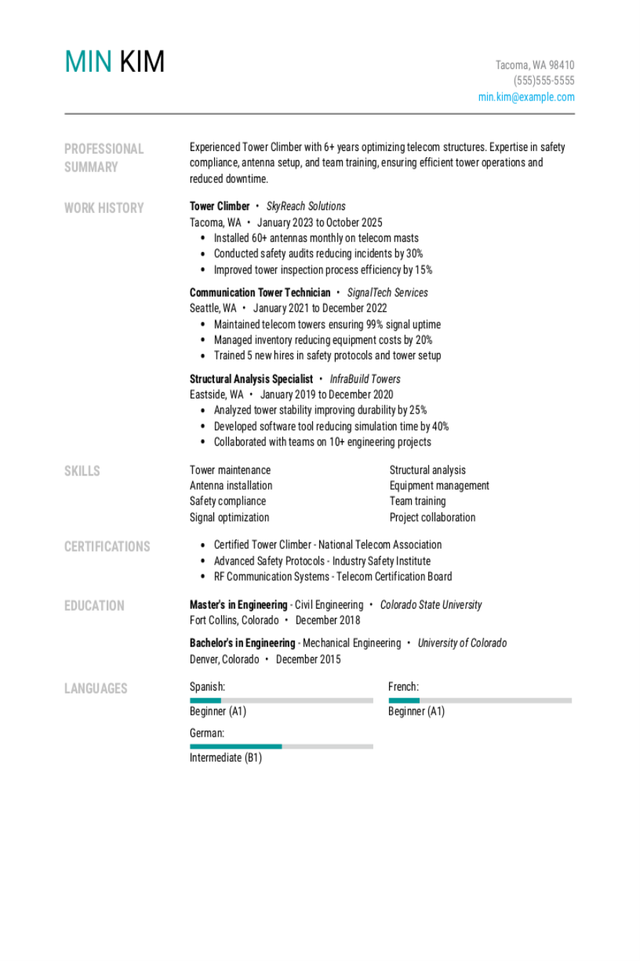 4 Tower Climber Resume Examples, Templates, & Tips for 2025