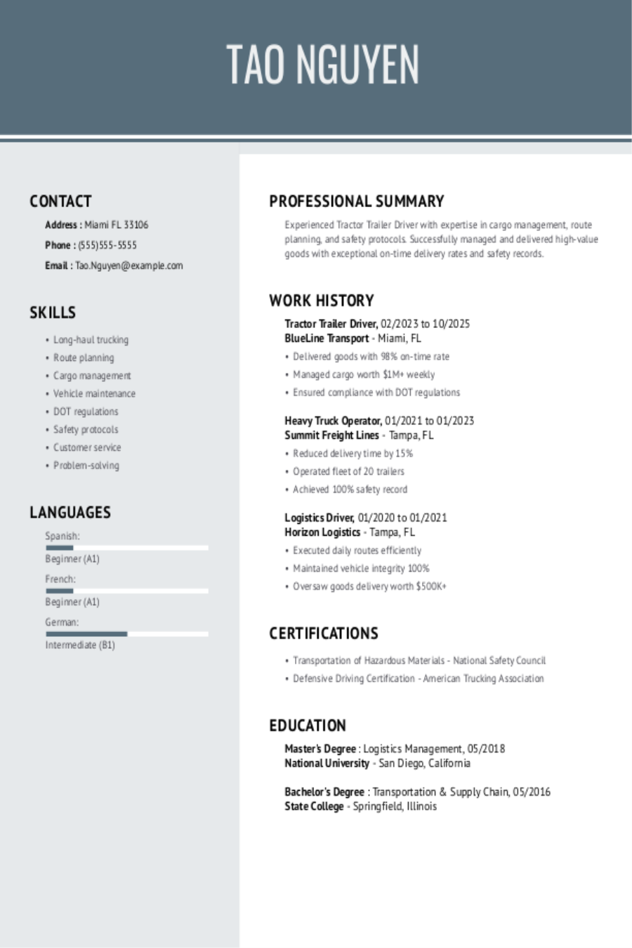 4 Tractor Trailer Driver Resume Examples, Templates, & Tips for 2026