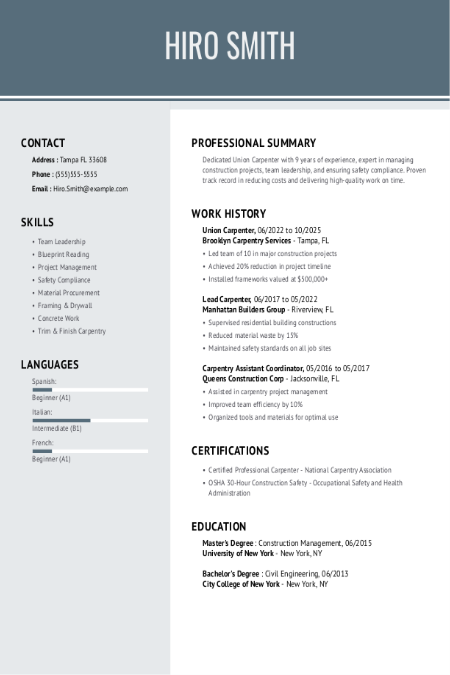4 Union Carpenter Resume Examples, Templates, & Tips for 2025