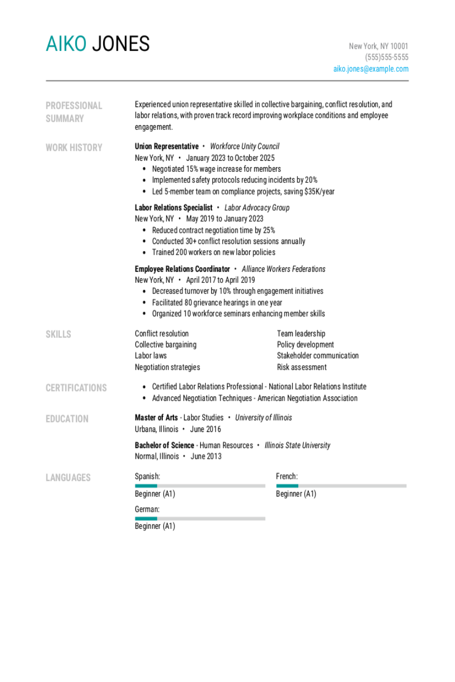 4 Union Representative Resume Examples, Templates, & Tips for 2025