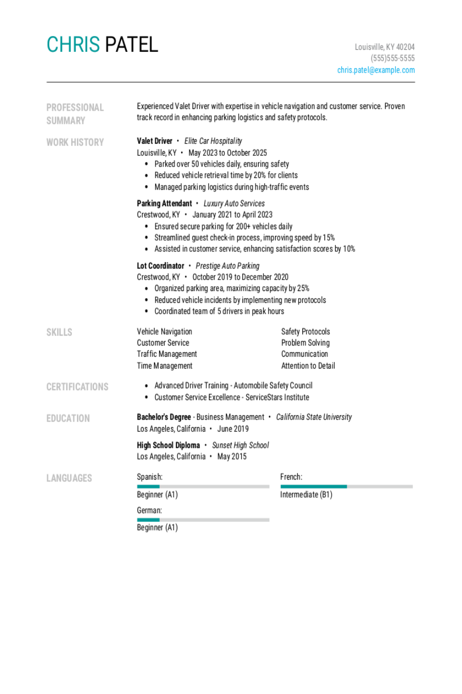 4 Valet Driver Resume Examples, Templates, & Tips for 2025