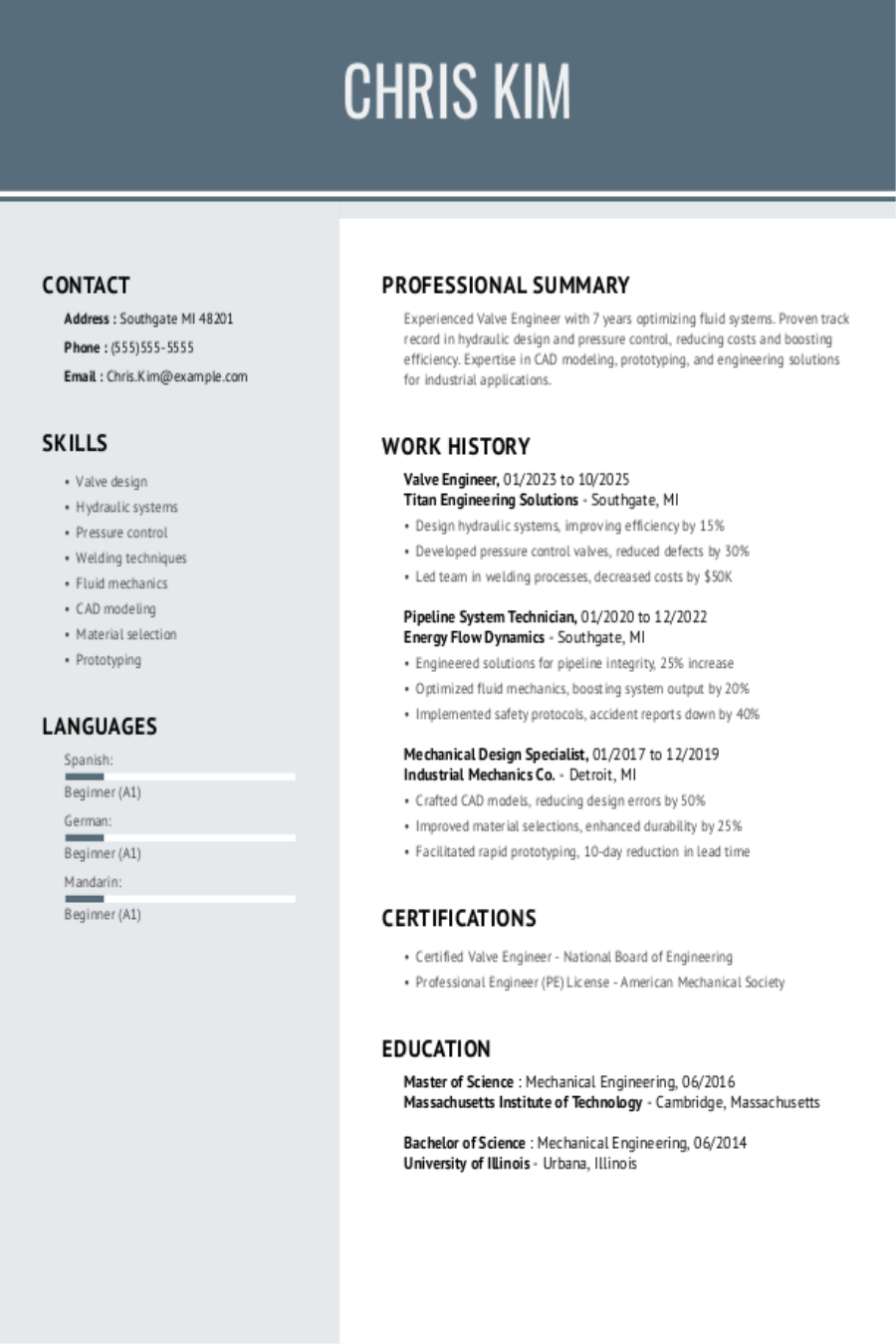 4 Valve Engineer Resume Examples, Templates, & Tips for 2025