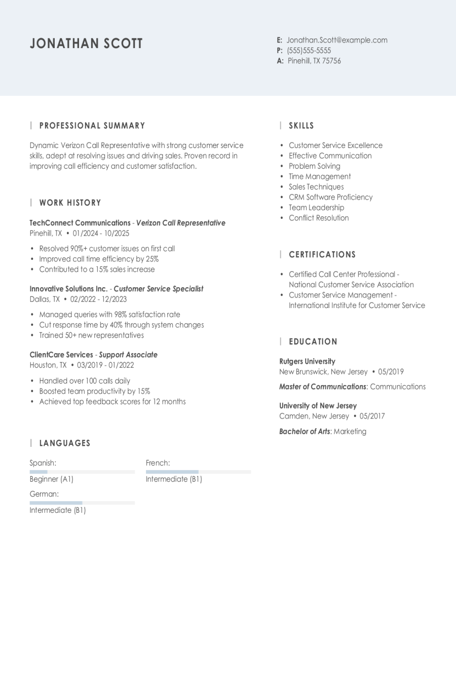 4 Verizon Call Representative Resume Examples, Templates, & Tips for 2026