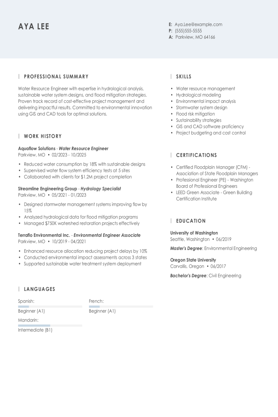 4 Water Resource Engineer Resume Examples, Templates, & Tips for 2025