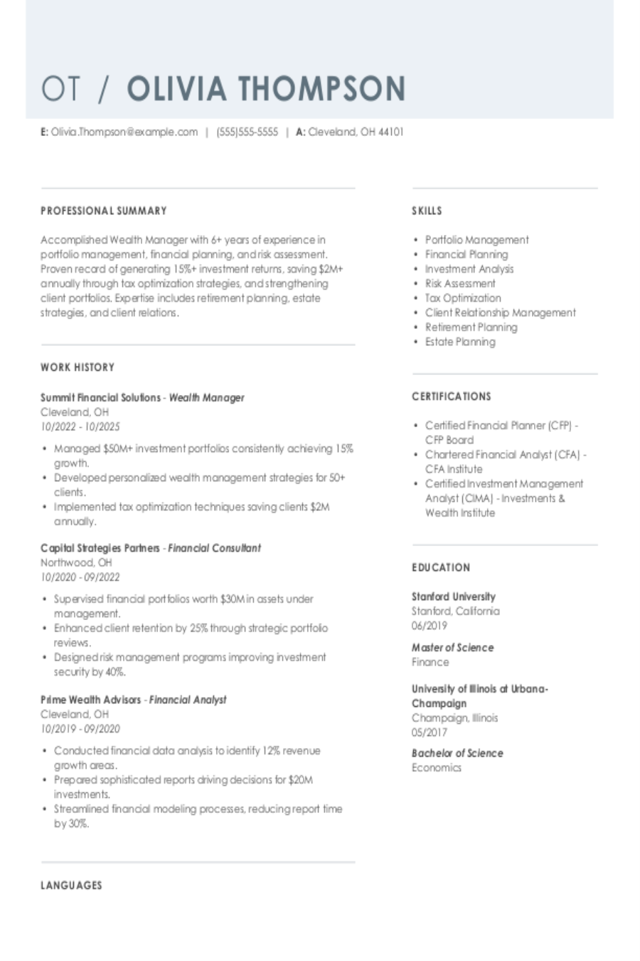4 Wealth Manager Resume Examples, Templates, & Tips for 2026