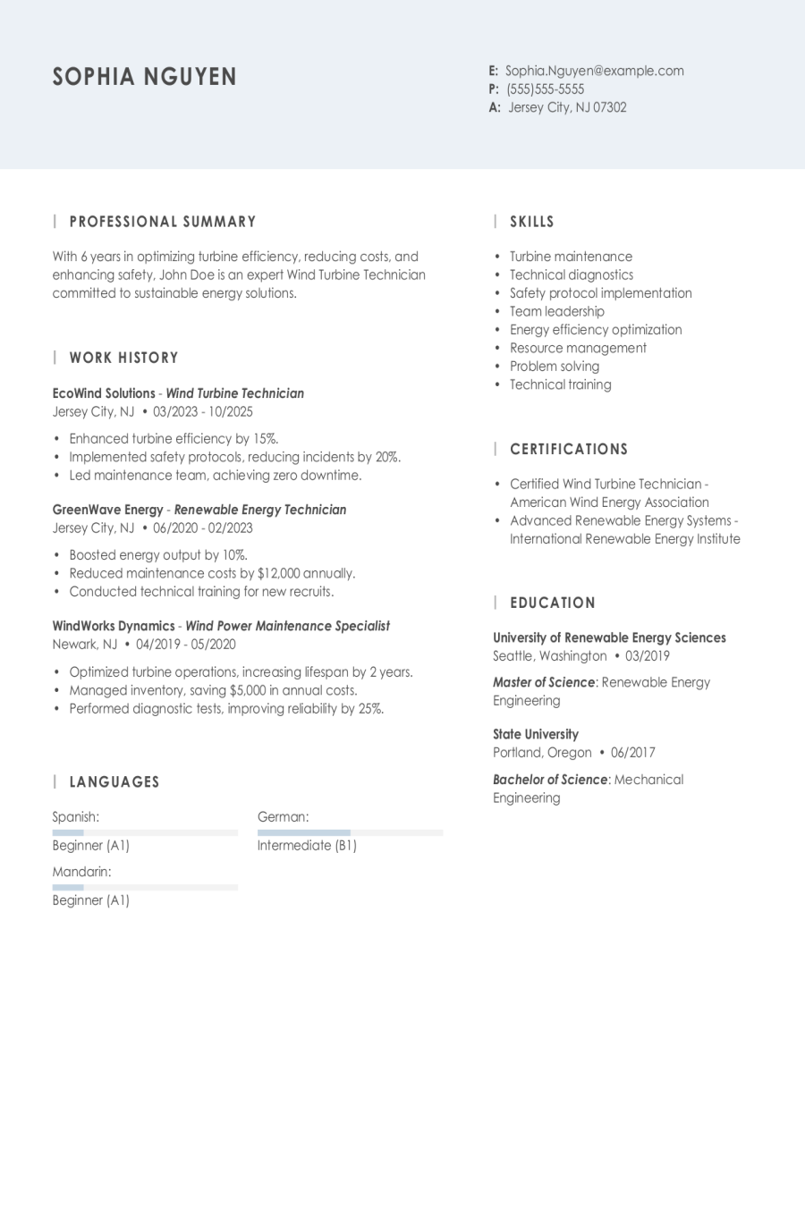4 Wind Turbine Technician Resume Examples, Templates, & Tips for 2026