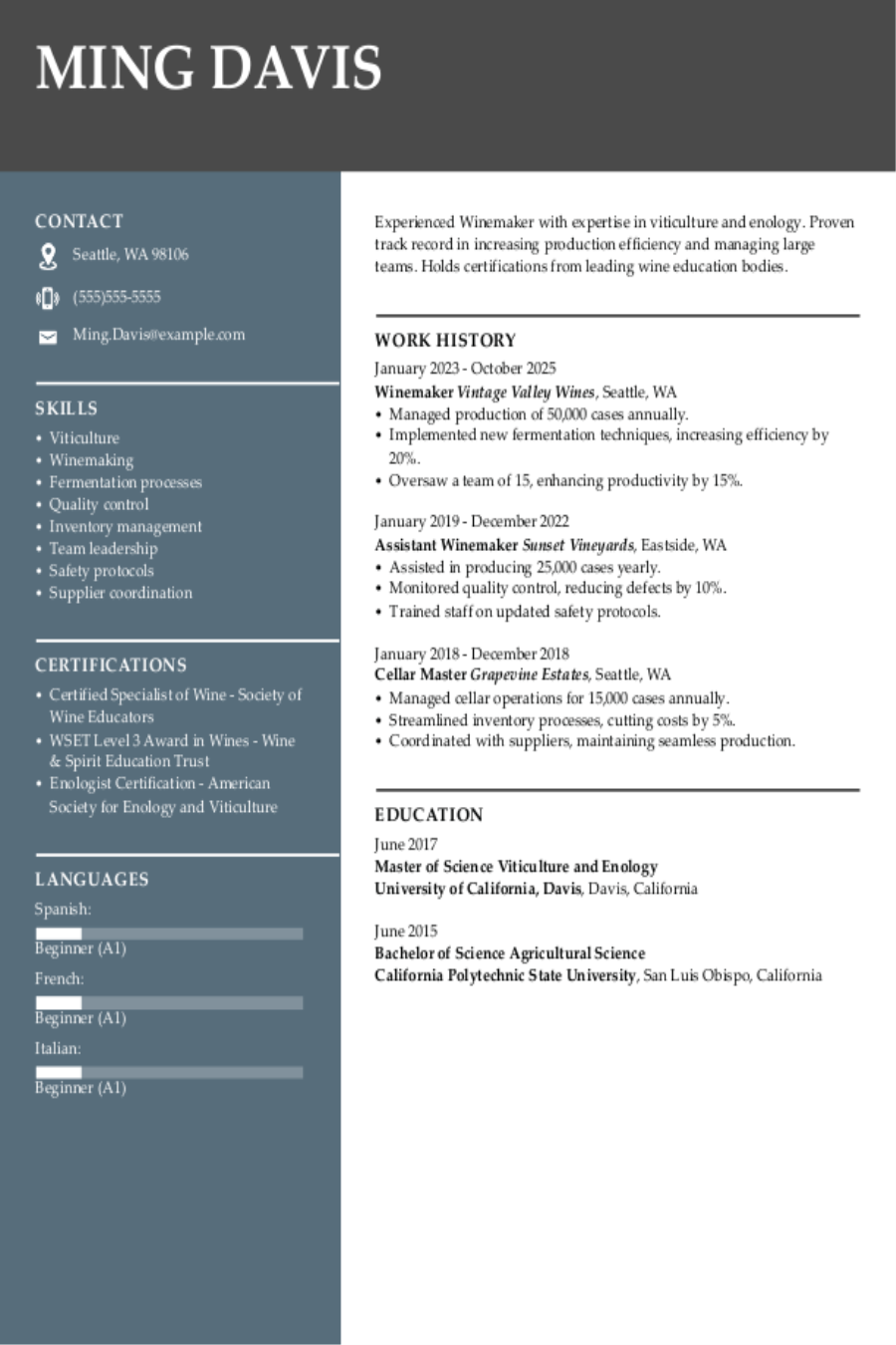 4 Winemaker Resume Examples, Templates, & Tips for 2026