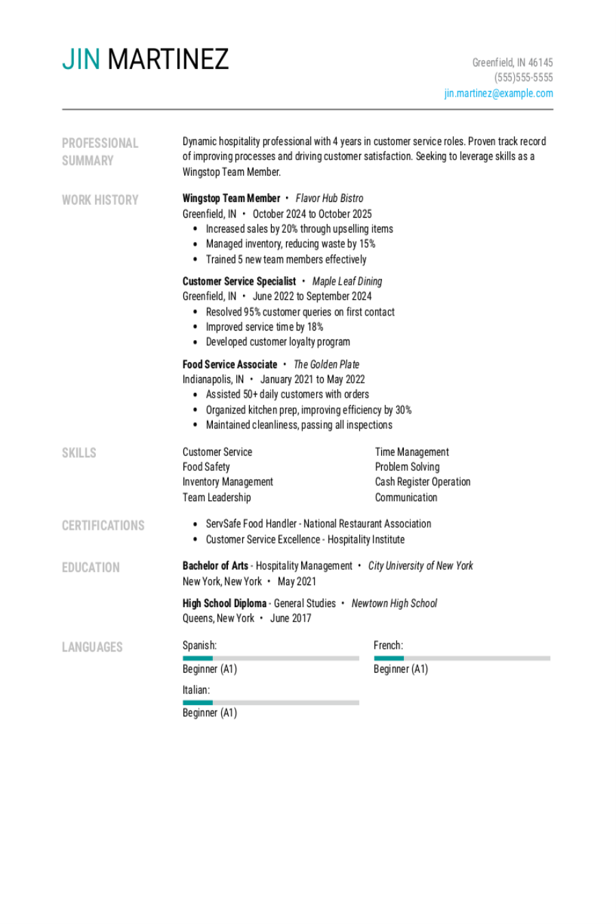 4 Wingstop Team Member Resume Examples, Templates, & Tips for 2026
