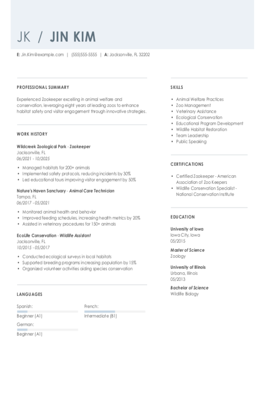 4 Zookeeper Resume Examples, Templates, & Tips for 2025
