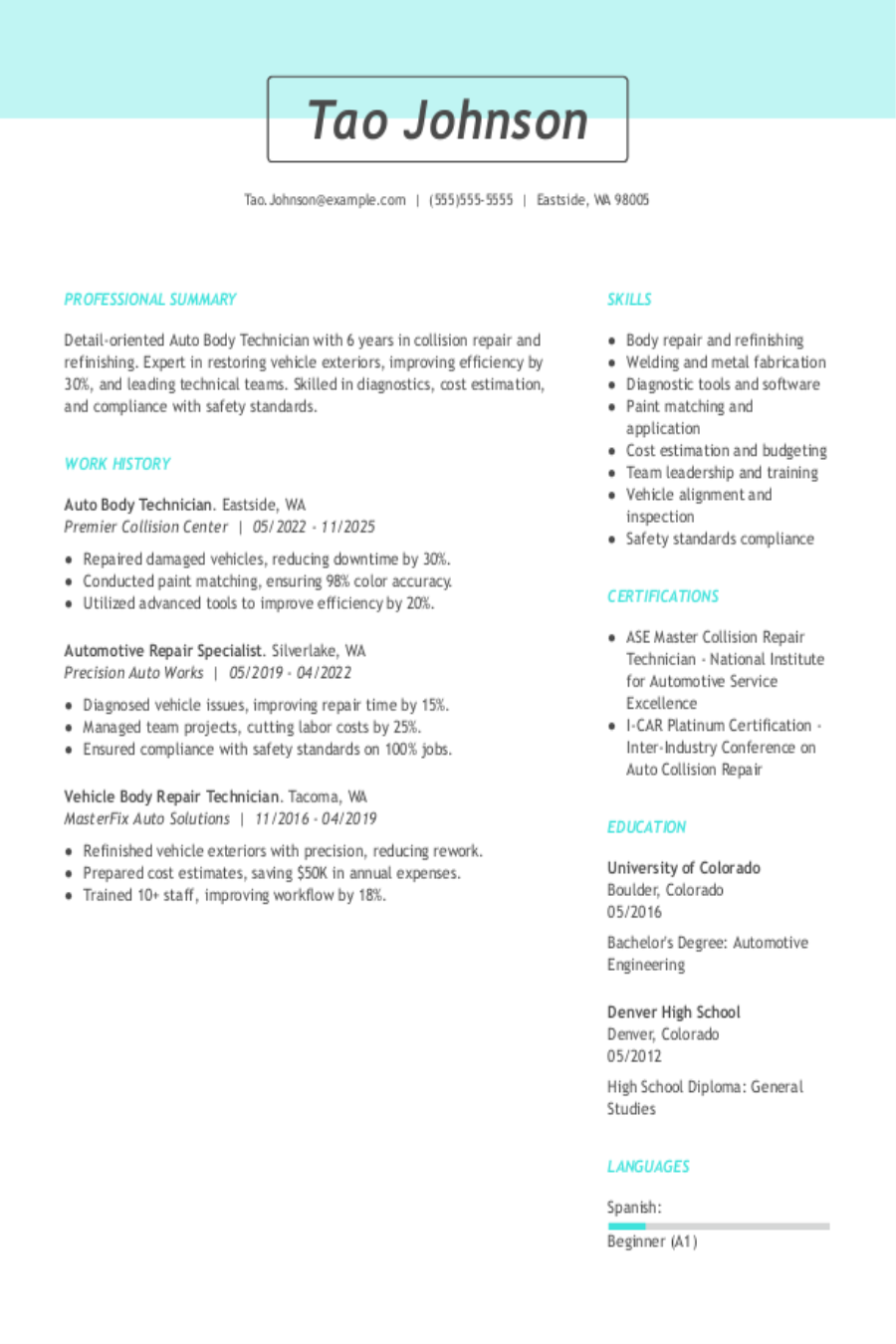 4 Auto Body Technician Resume Examples, Templates, & Tips for 2026
