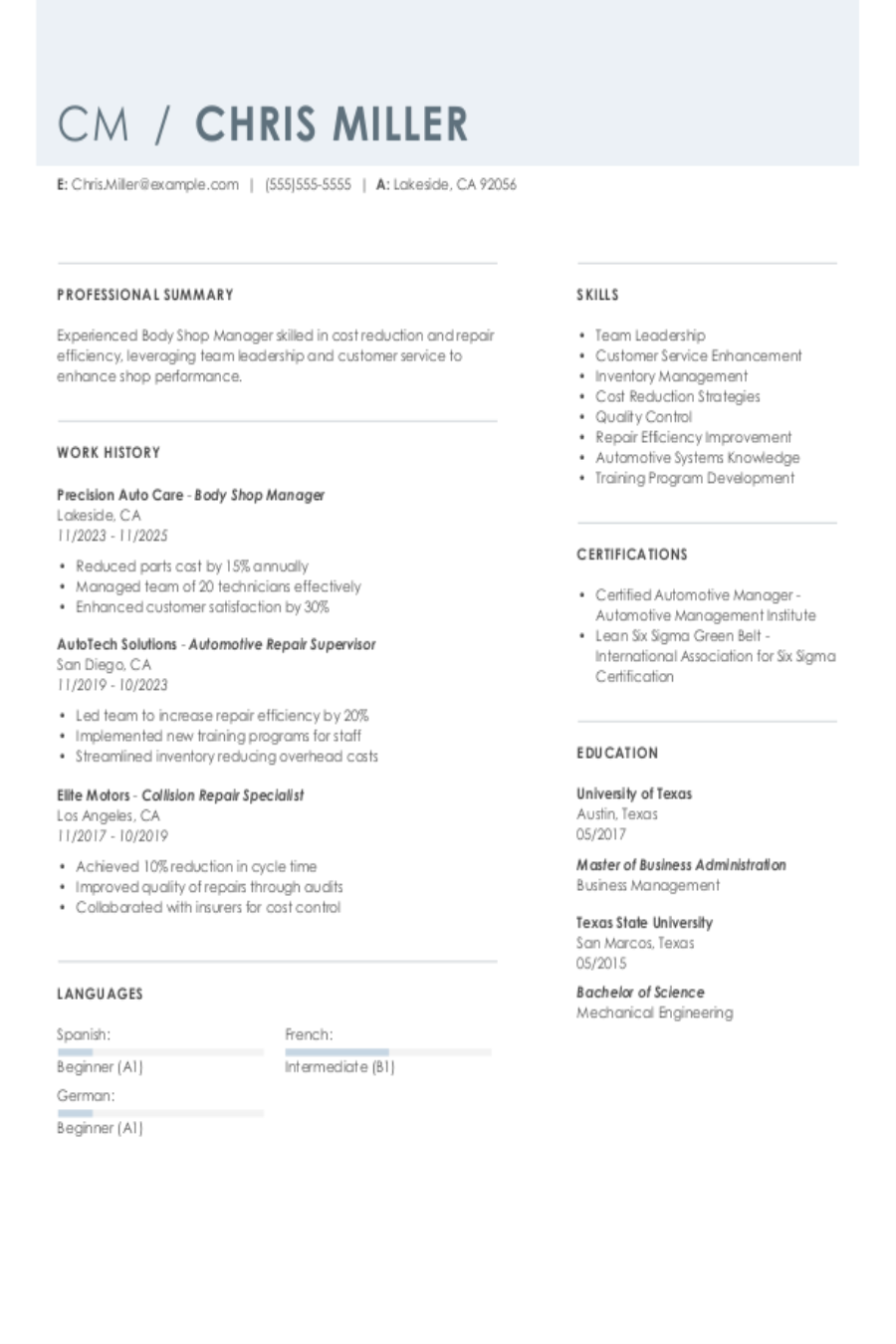 4 Body Shop Manager Resume Examples, Templates, & Tips for 2026
