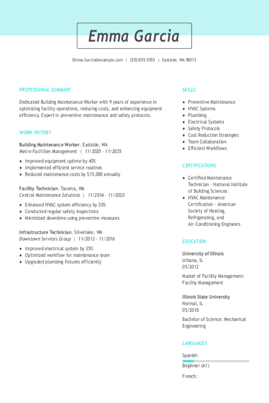 4 Building Maintenance Worker Resume Examples, Templates, & Tips for 2026