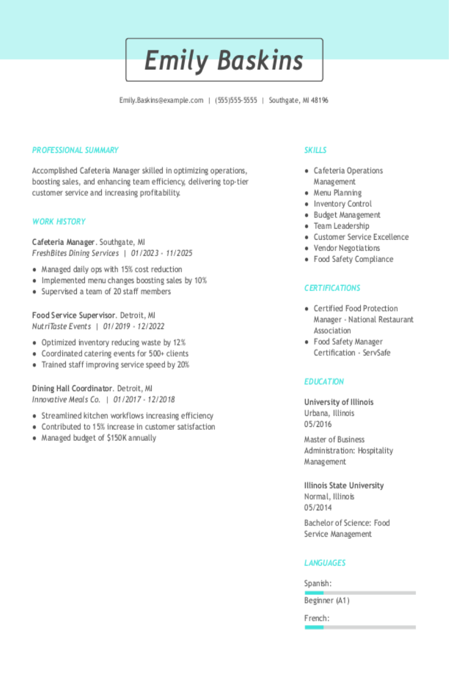 4 Cafeteria Manager Resume Examples, Templates, & Tips for 2026