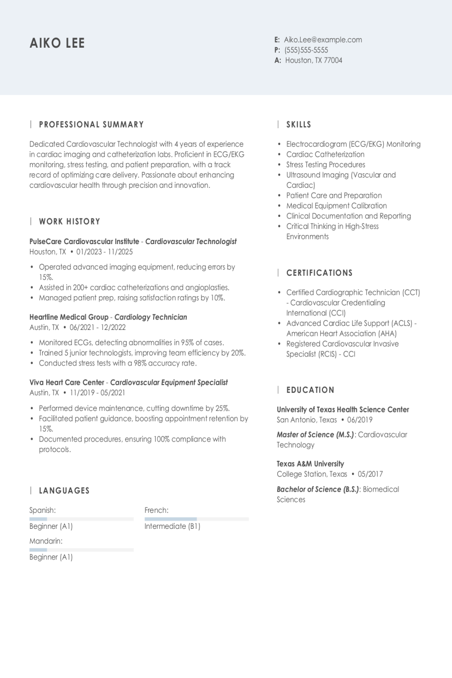 4 Cardiovascular Technologist Resume Examples, Templates, & Tips for 2026