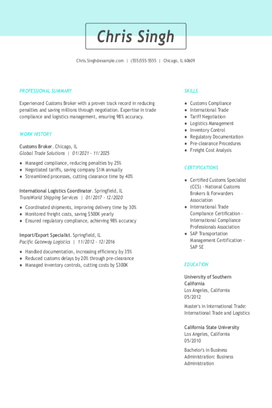 4 Customs Broker Resume Examples, Templates, & Tips for 2026