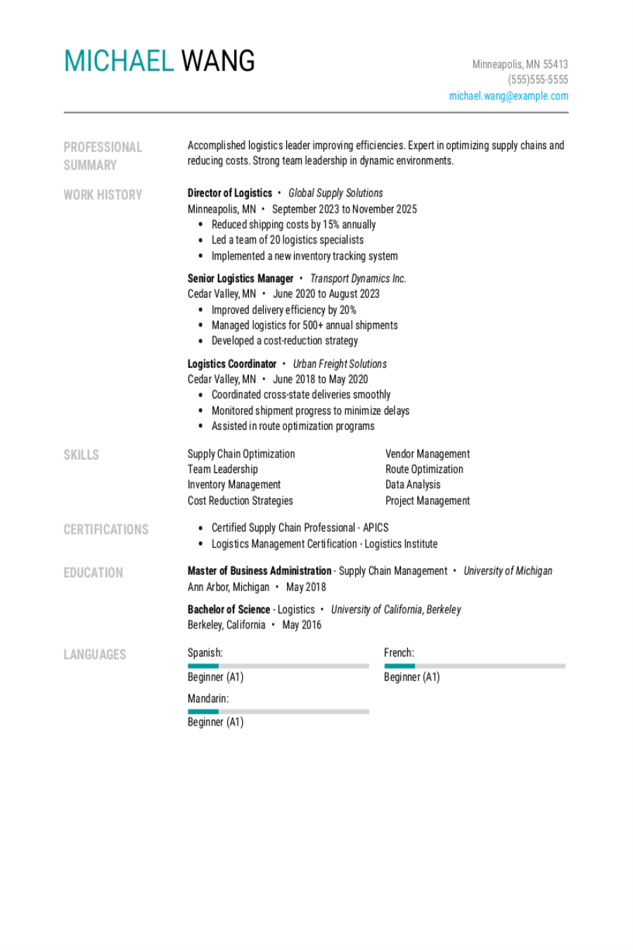 4 Director of Logistics Resume Examples, Templates, & Tips for 2026