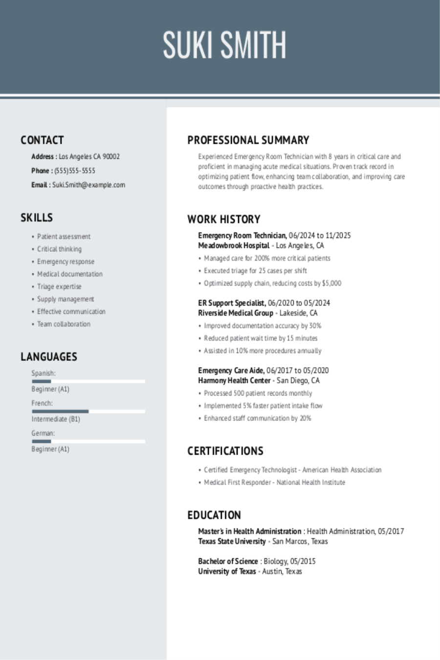 4 Emergency Room Technician Resume Examples, Templates, & Tips for 2026