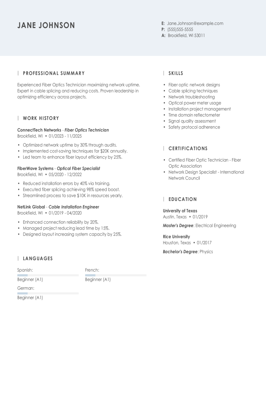4 Fiber Optics Technician Resume Examples, Templates, & Tips for 2026