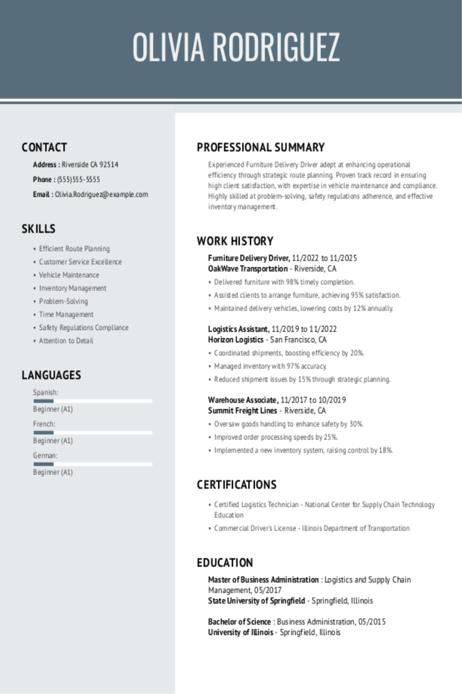 4 Furniture Delivery Driver Resume Examples, Templates, & Tips for 2026