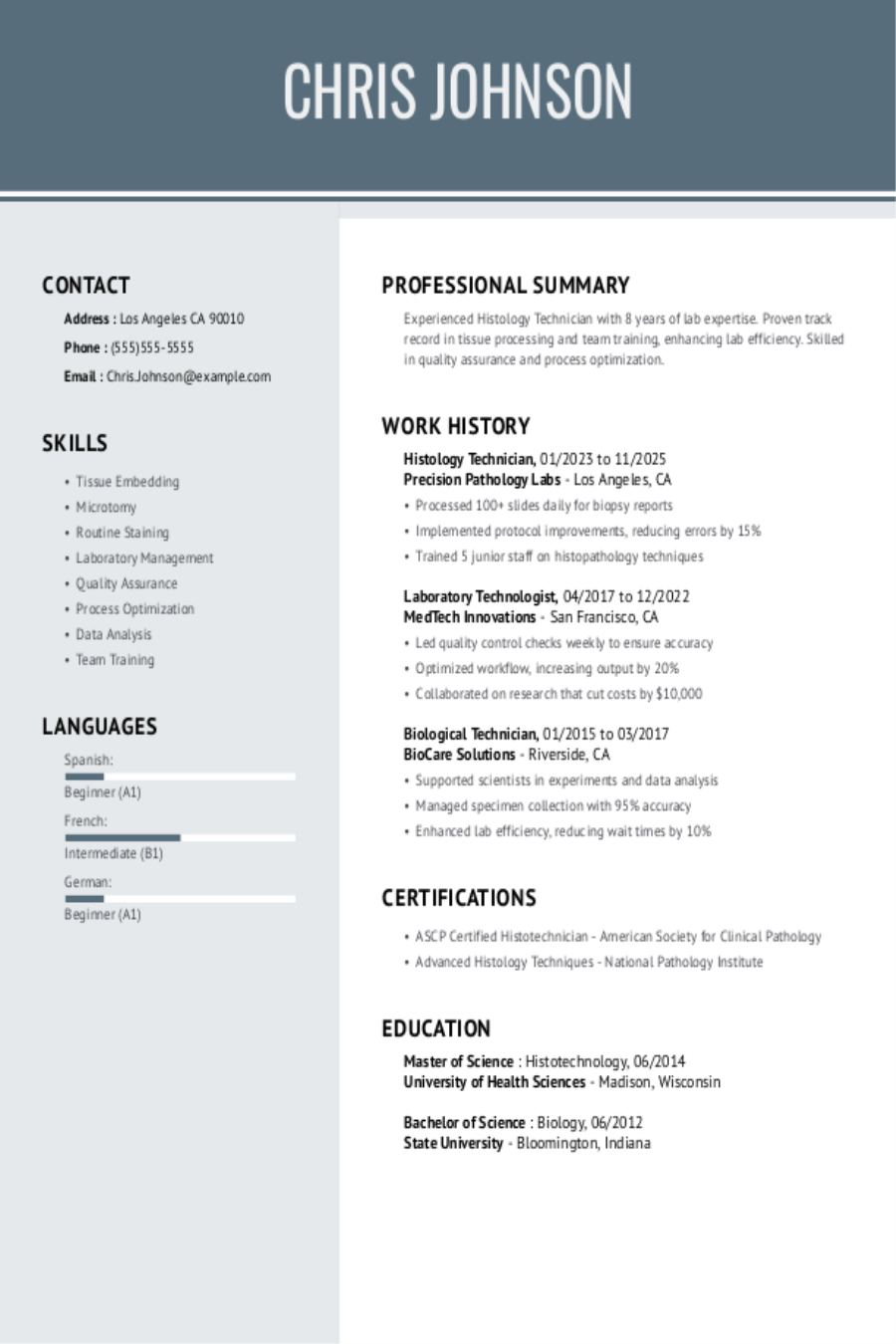 4 Histology Technician Resume Examples, Templates, & Tips for 2026