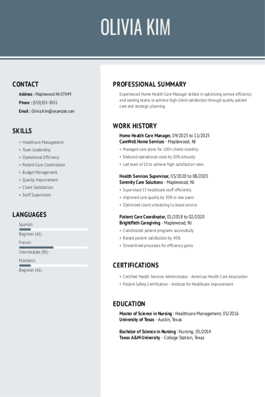 4 Home Health Care Manager Resume Examples, Templates, & Tips for 2026