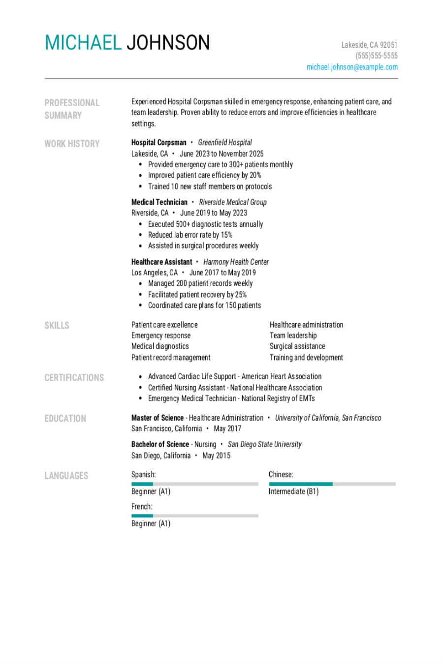 4 Hospital Corpsman Resume Examples, Templates, & Tips for 2026