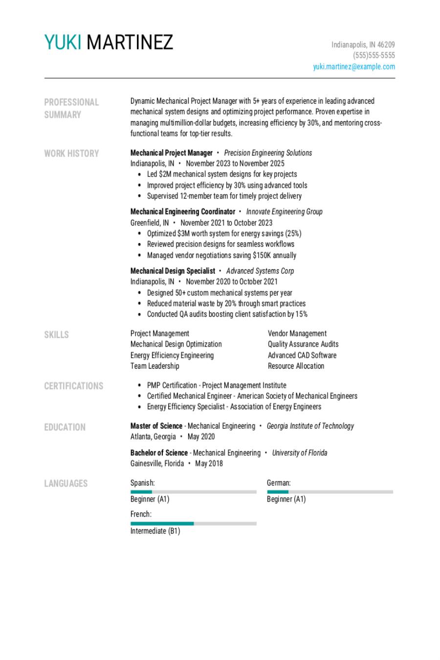 4 Mechanical Project Manager Resume Examples, Templates, & Tips for 2026