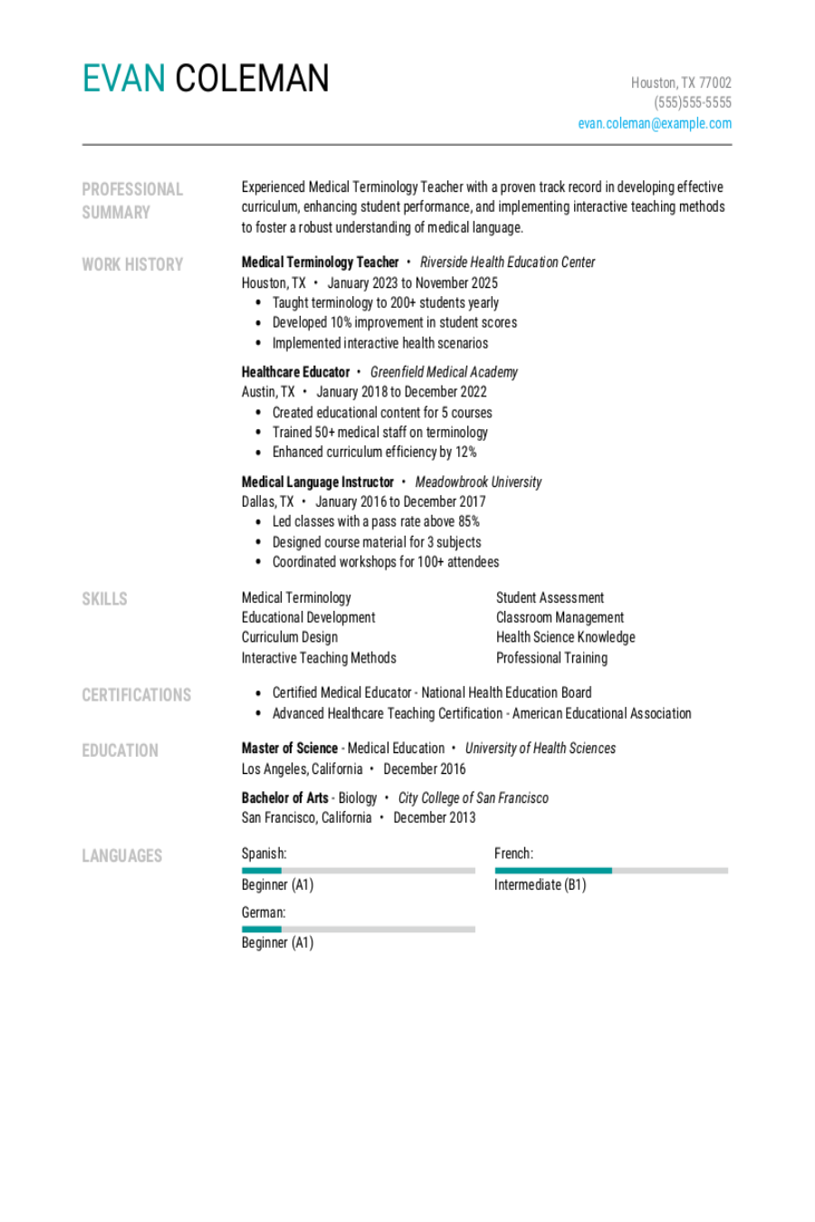 4 Medical Terminology Teacher Resume Examples, Templates, & Tips for 2026