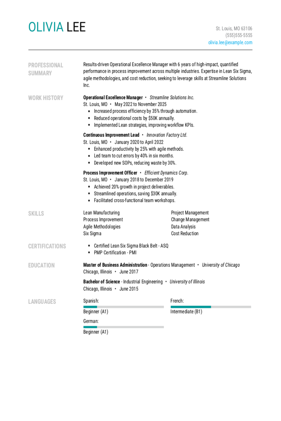 4 Operational Excellence Manager Resume Examples, Templates, & Tips for ...