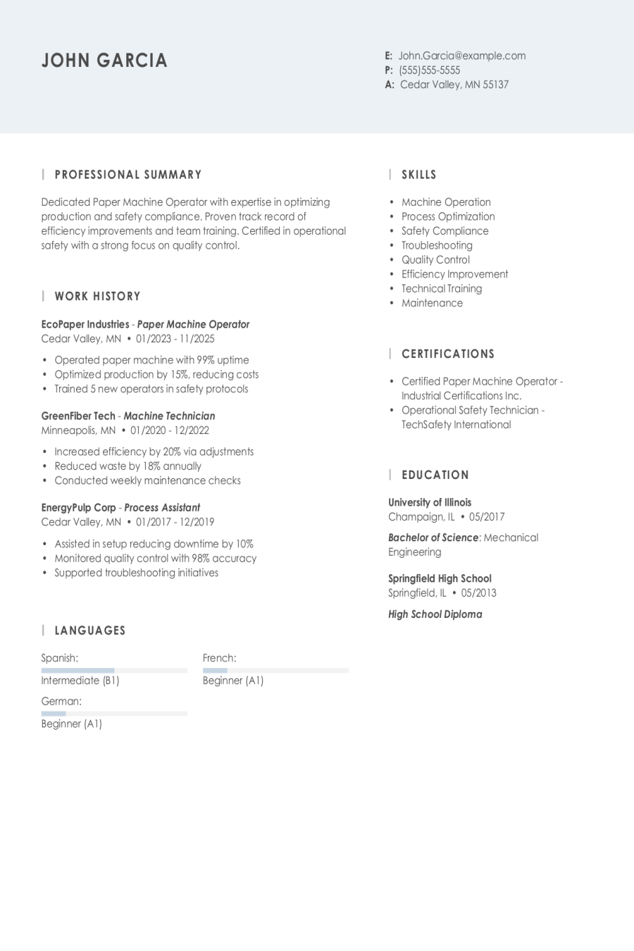 4 Paper Machine Operator Resume Examples, Templates, & Tips for 2026