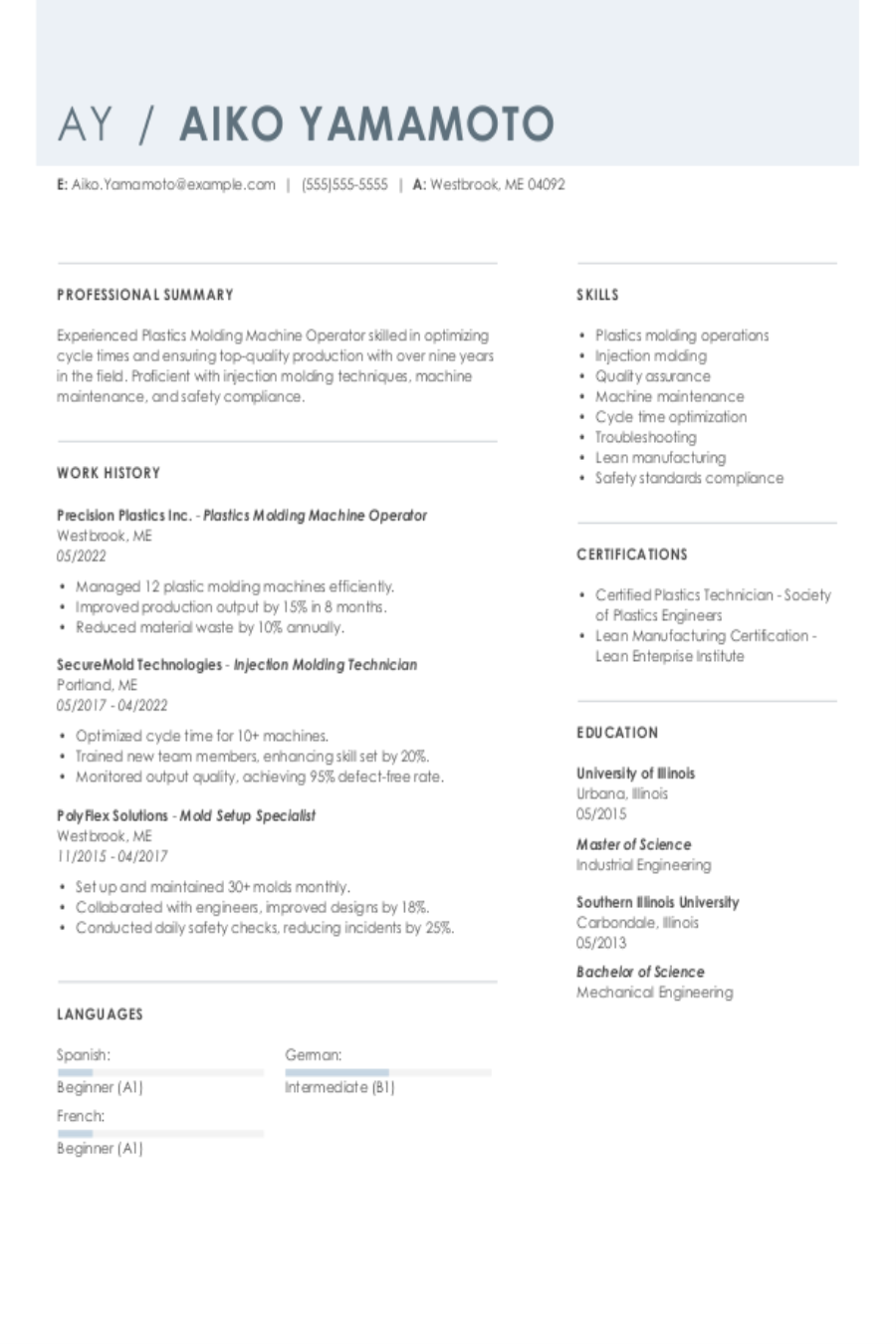 4 Plastics Molding Machine Operator Resume Examples, Templates, & Tips ...
