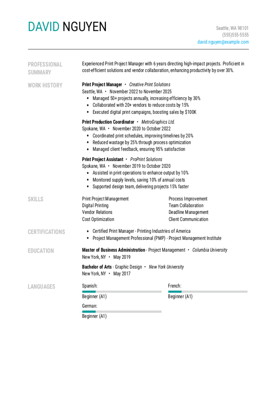 4 Print Project Manager Resume Examples, Templates, & Tips for 2026