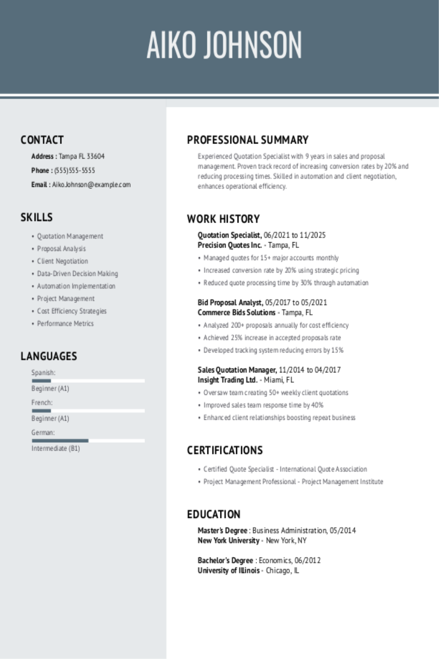 4 Quotation Specialist Resume Examples, Templates, & Tips for 2026